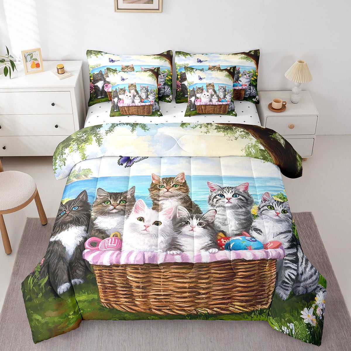 Eosebridal Kids Cute Cats Comforter Set 7 Pieces Queen Size Kawaii ...
