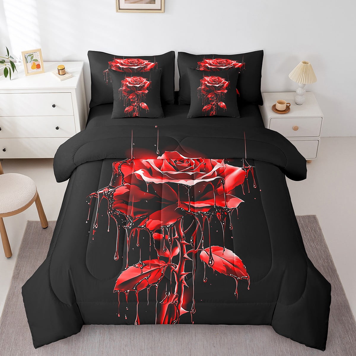 Eosebridal Red Rose Comforter Set 7 Pieces Full Size Luxury Floral ...