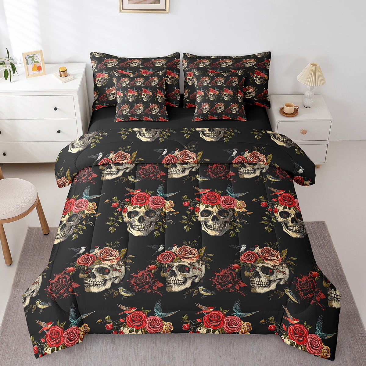 Eosebridal Sugar Skull Comforter Set 7 Pieces King Size Rose Skull ...