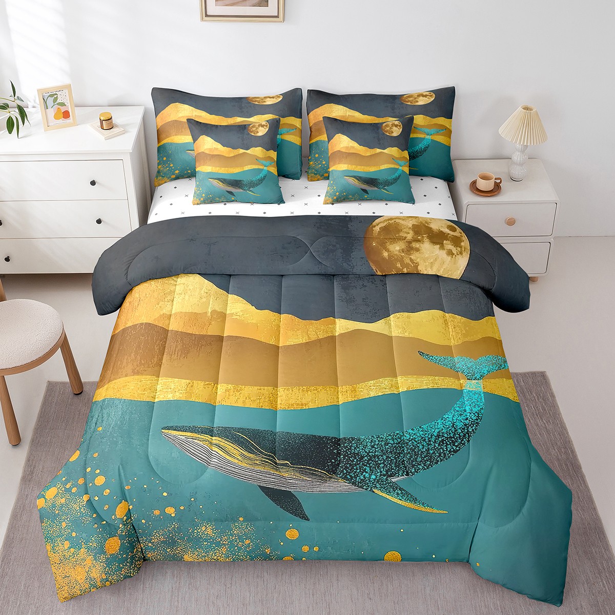 Eosebridal Whale Comforter Set 7 Pieces King Size Boho Ocean Animal ...