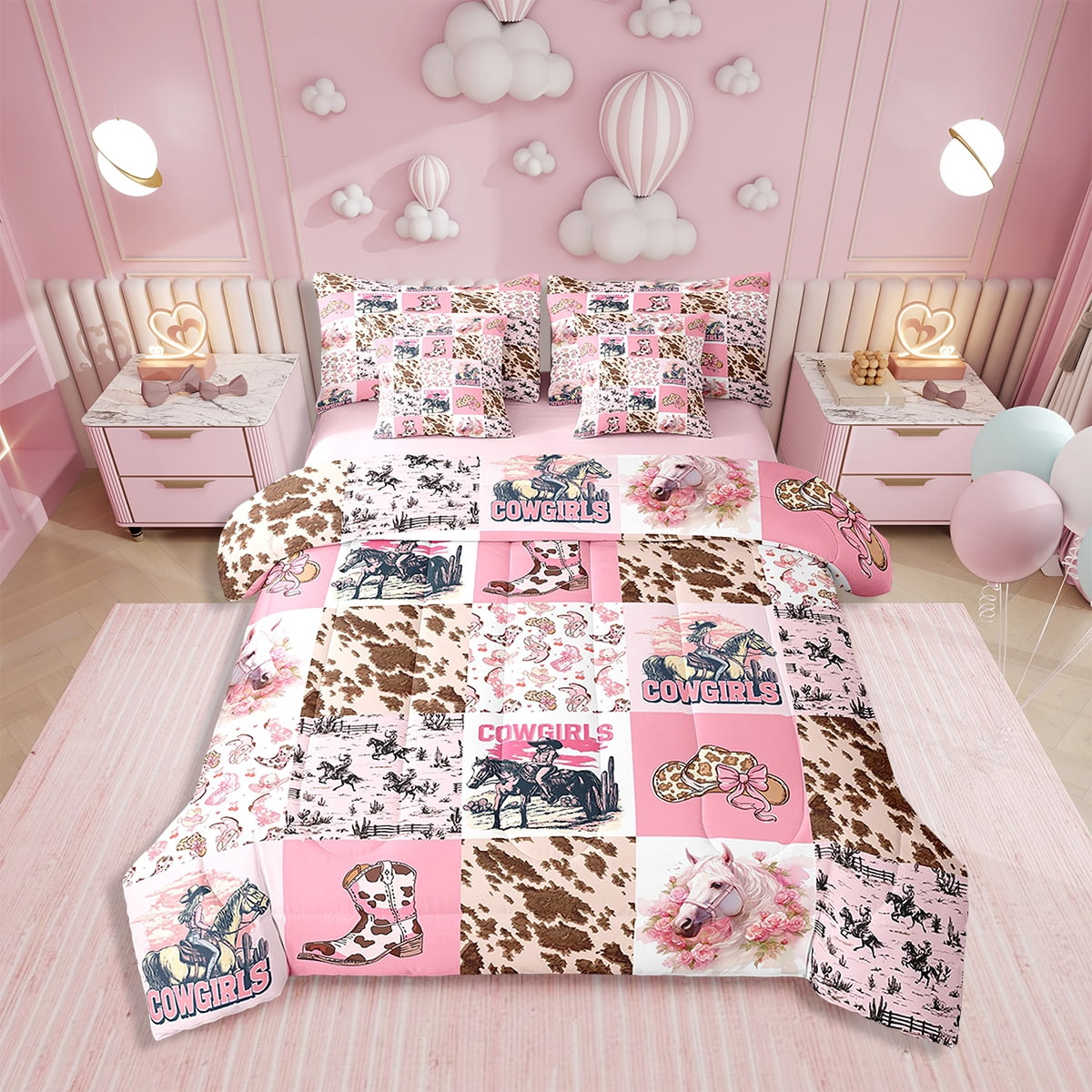 Eosebridal Pink Cowgirl Comforter Set 7 Pieces King Size,Western Cow ...