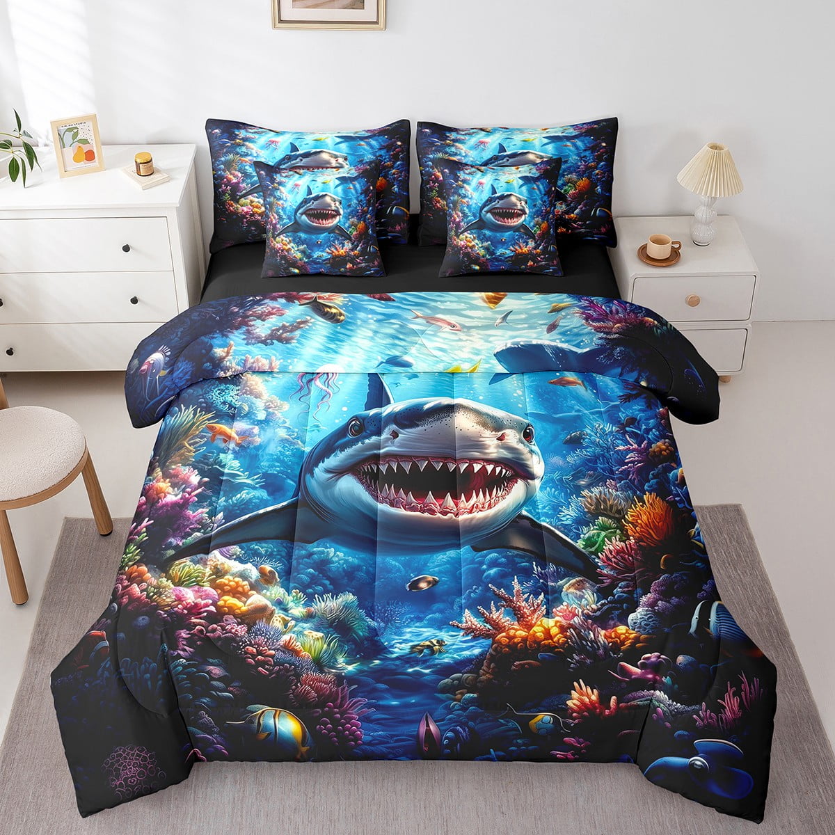 Eosebridal Shark Comforter Set 7 Pieces Queen Size,Ocean Sea Animal ...