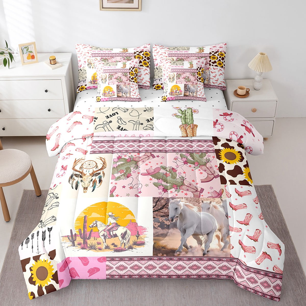 Eosebridal Western Comforter Set 7 Pieces Twin Size,Cowgirl Horse ...
