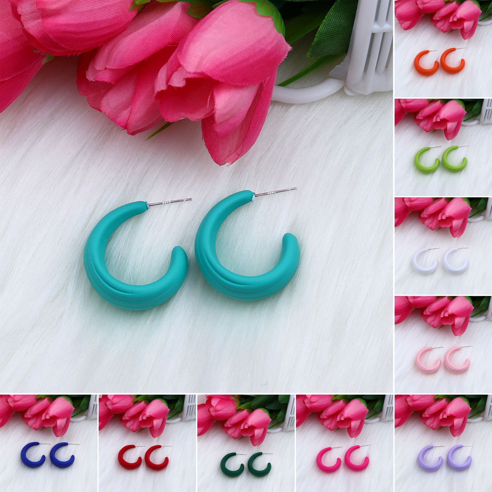 Eosunjian 1 Pair Candy Color C-shaped Ear Studs Earrings Colorful Hoop ...