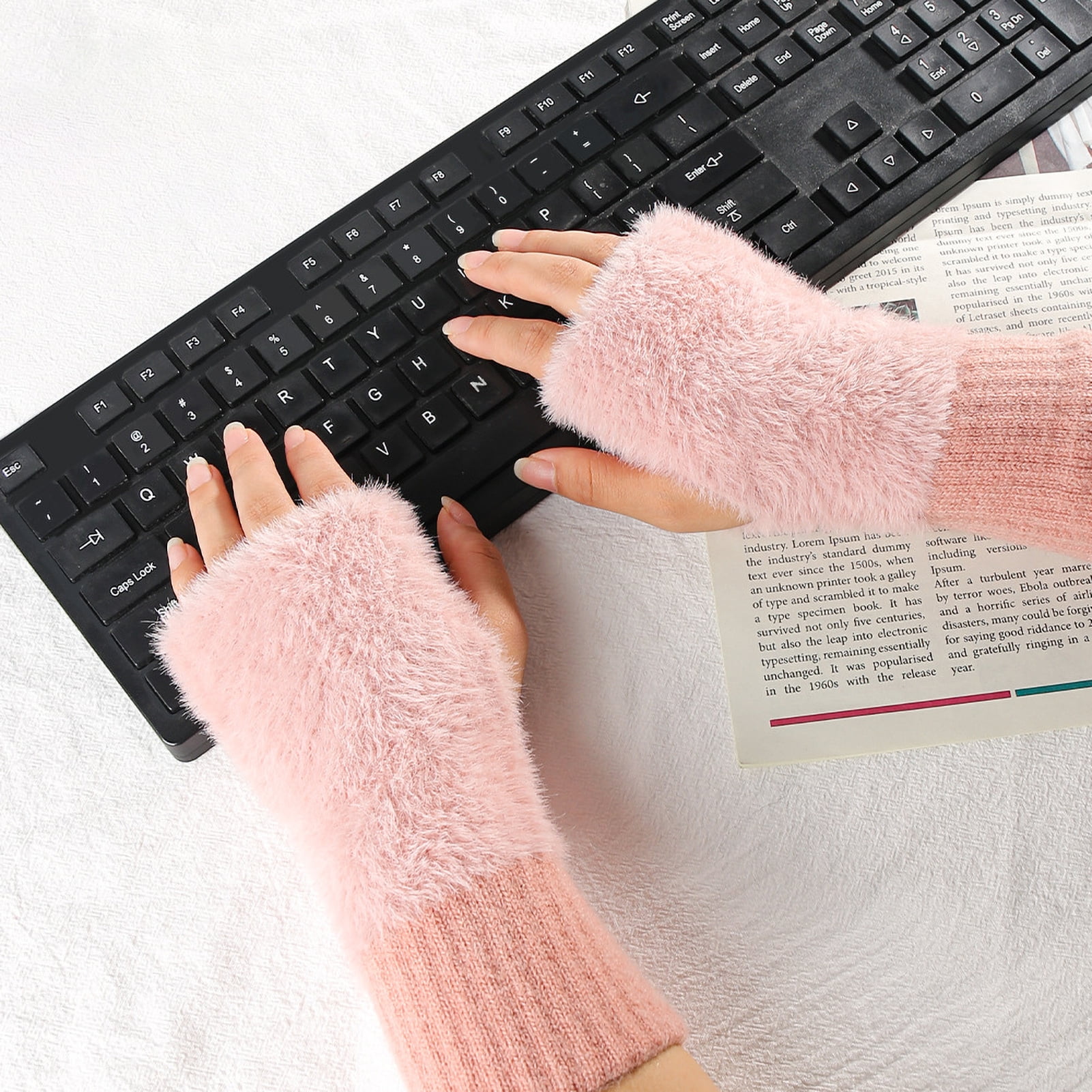 Eosunjian 1 Pair Winter Ladies Gloves Half-finger Thick Plush Knitted ...