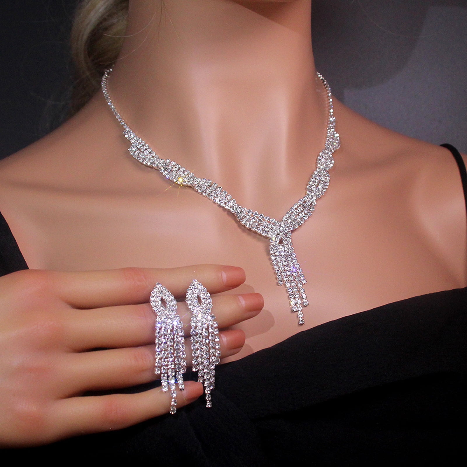 Eosunjian 1 Set Necklace Earrings Set Rhinestone Necklace Tassel ...