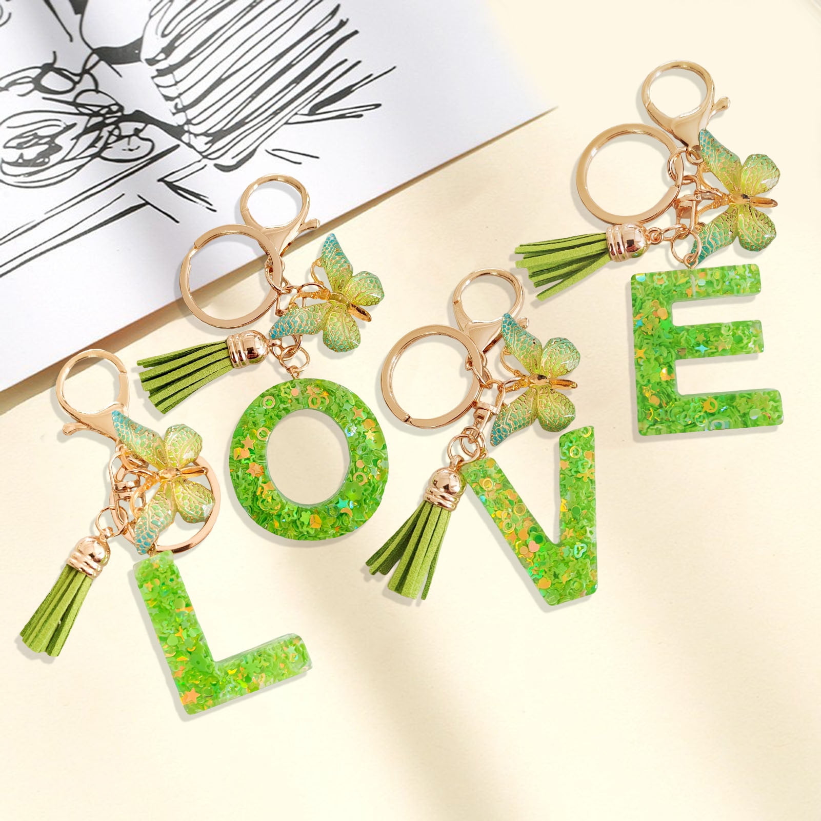 Eosunjian 2Pcs Initial Letter Keychains Green Butterfly Pendant ...