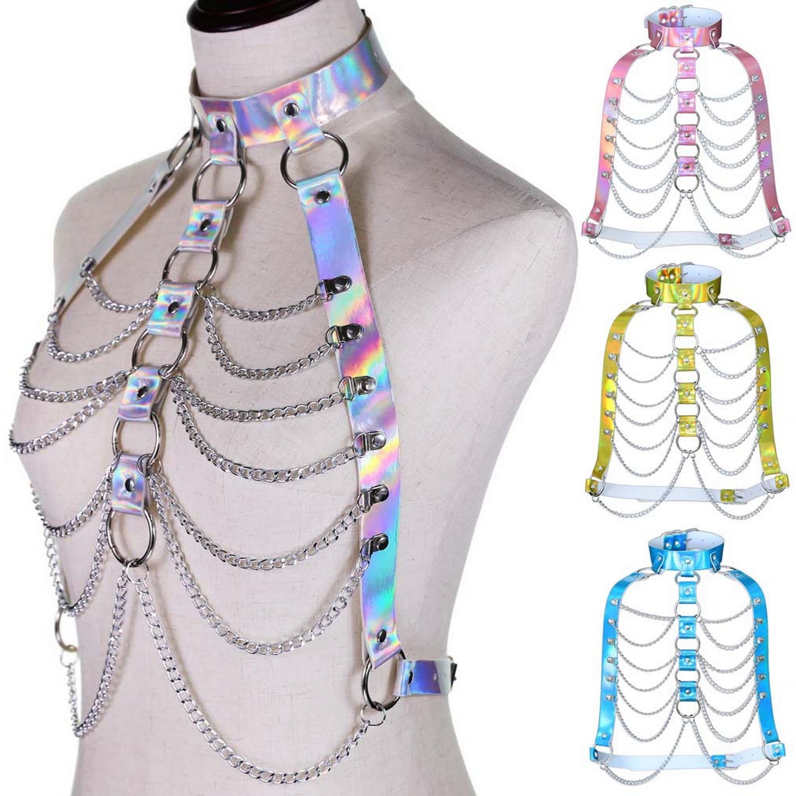 Eosunjian Holographic Faux Leather Body Chain Punk Women Waist Chest ...