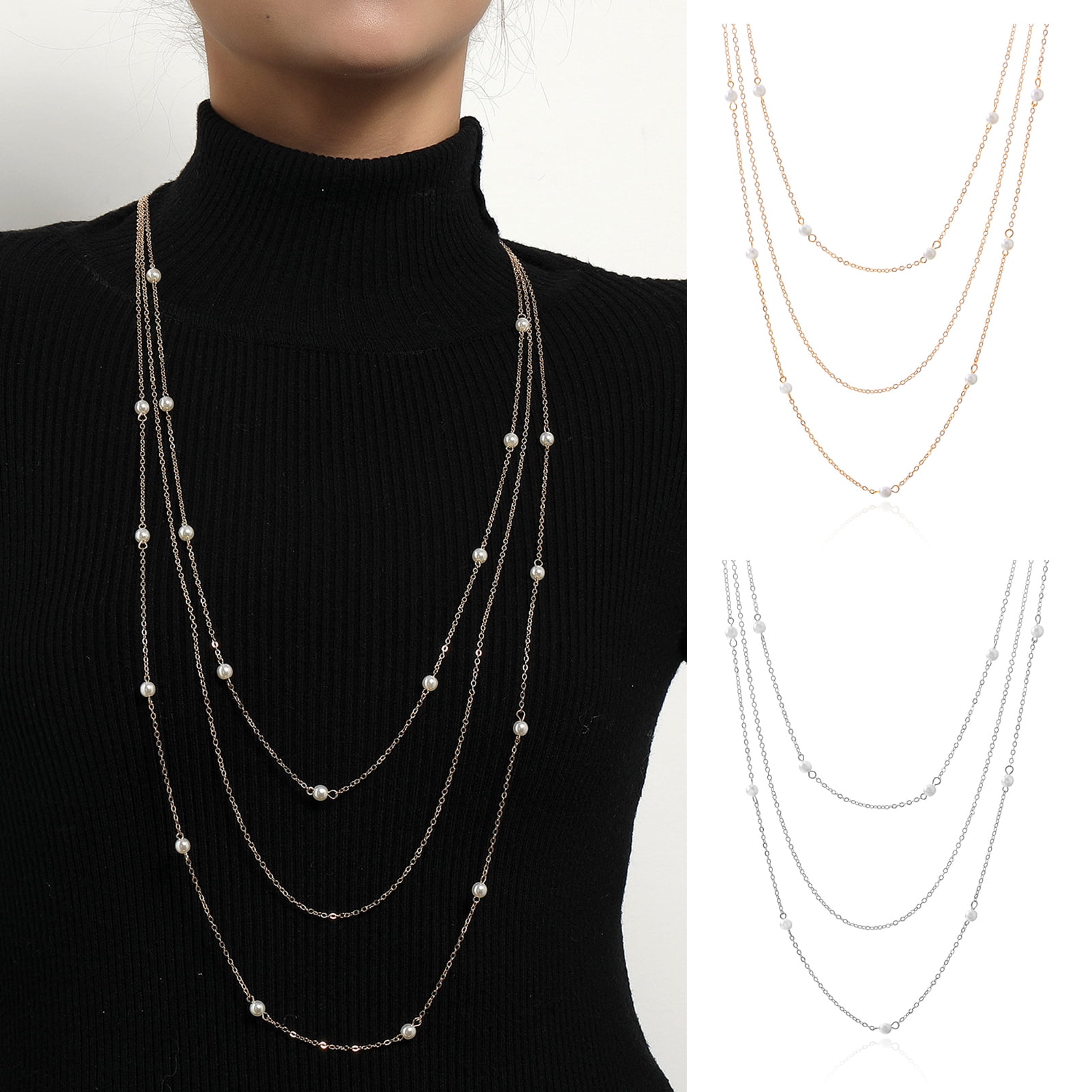 Eosunjian Layered Long Necklace for Women Pearl Sweater Strand Chain ...