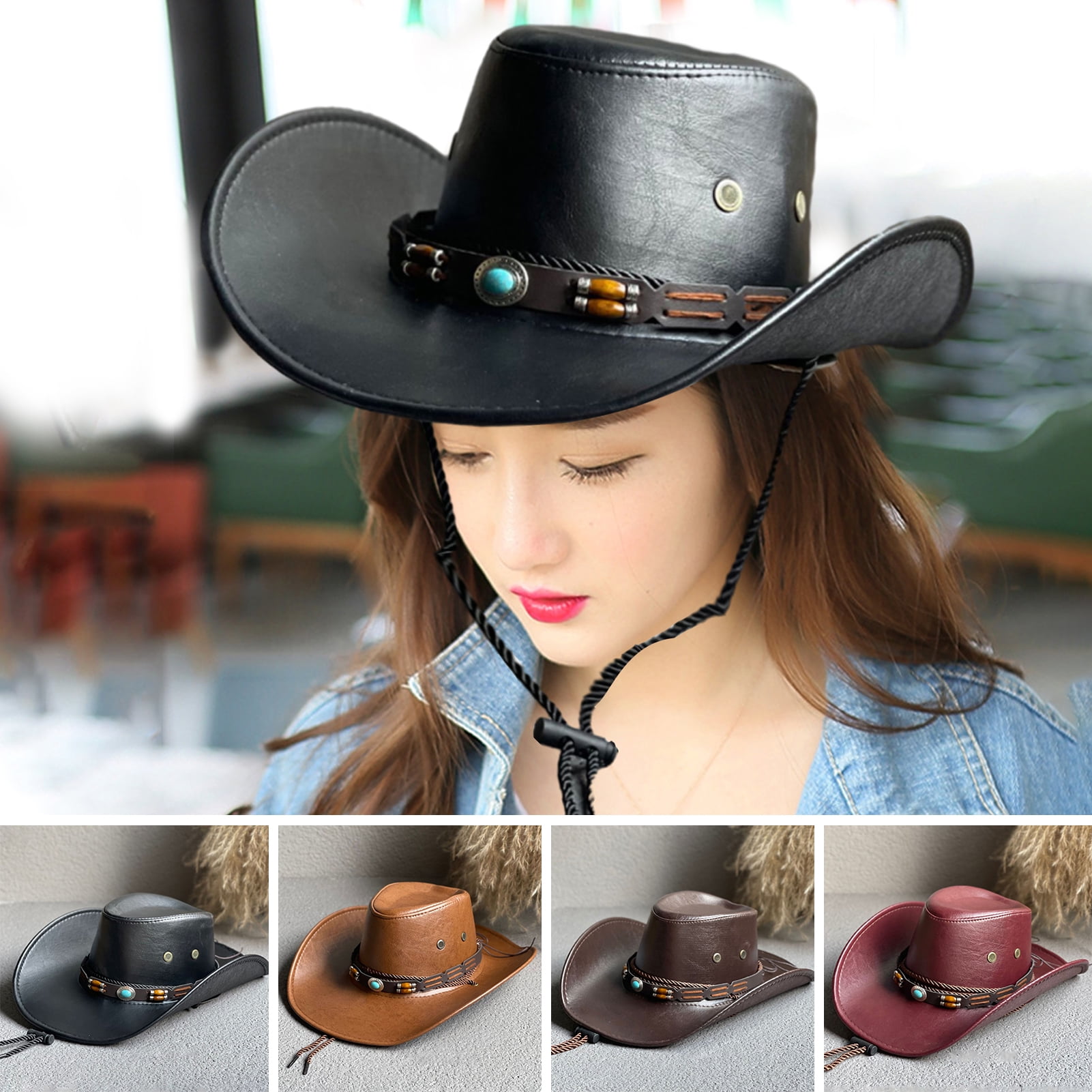 Eosunjian Retro Ethnic Style Belt Decor Faux Leather Western Cowboy Hat Women Men Vintage ...