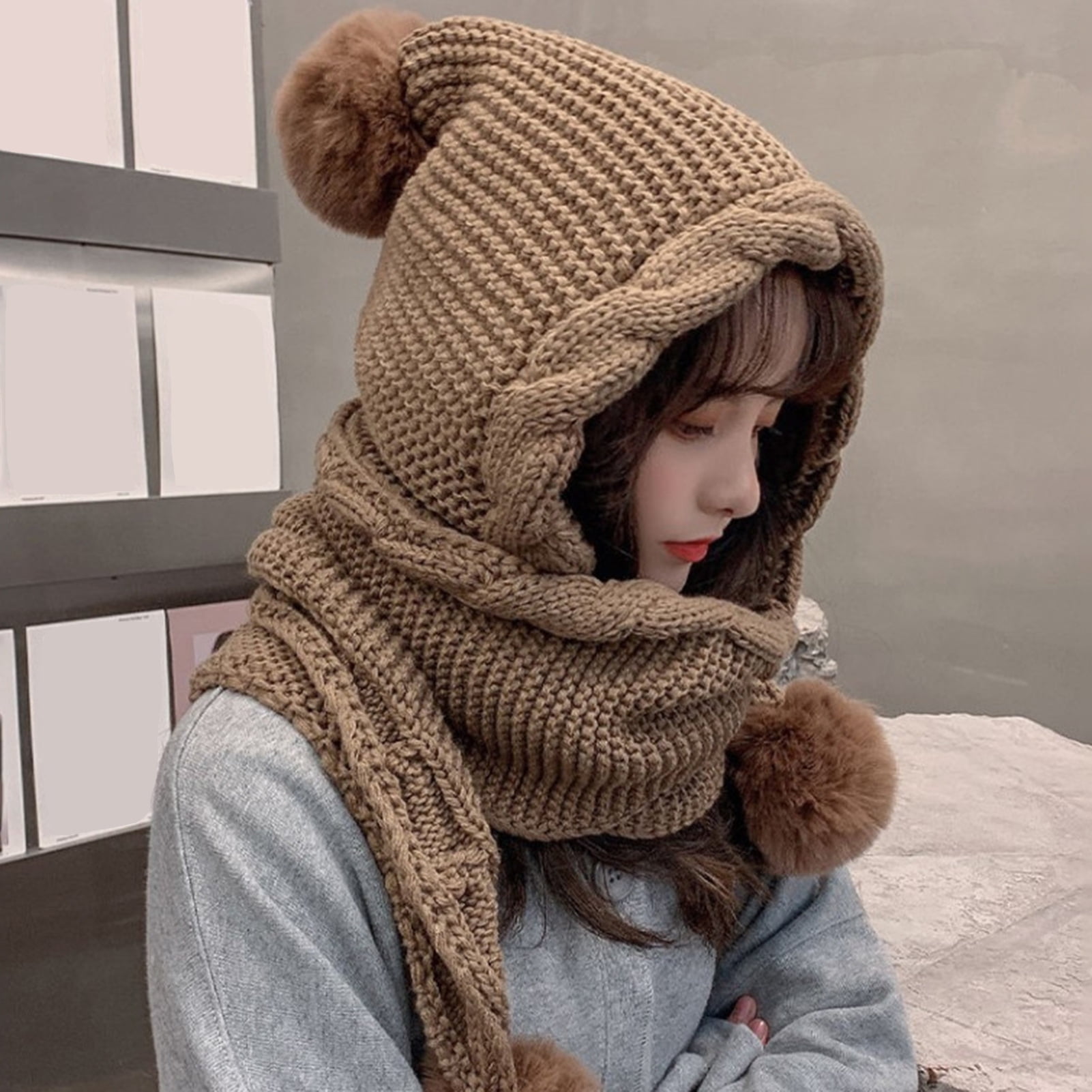 Eosunjian Twist Trim Ear Solid Color Thickened Knitted Scarf Hat Women ...