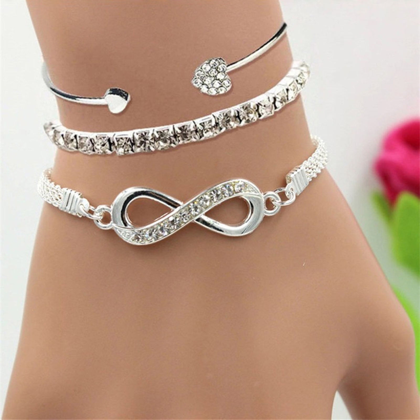 Eosunjian Women Bracelets Rhinestone Decor Hollow Infinite Symbol Heart Adjustable Stackable ...