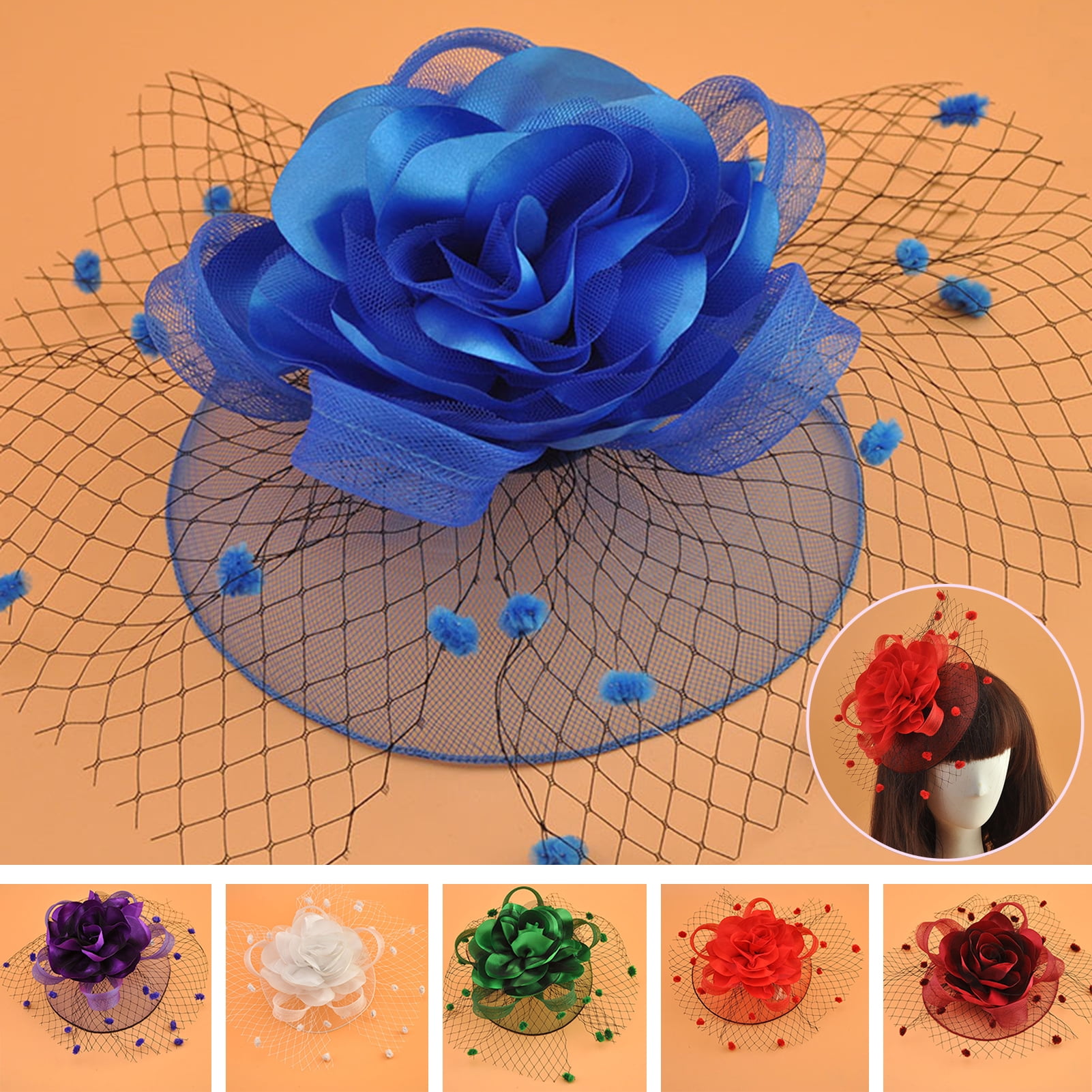 Eosunjian Women Felt Hat Veil Hollow Out Fishnet Flower Decor Dot Royal ...