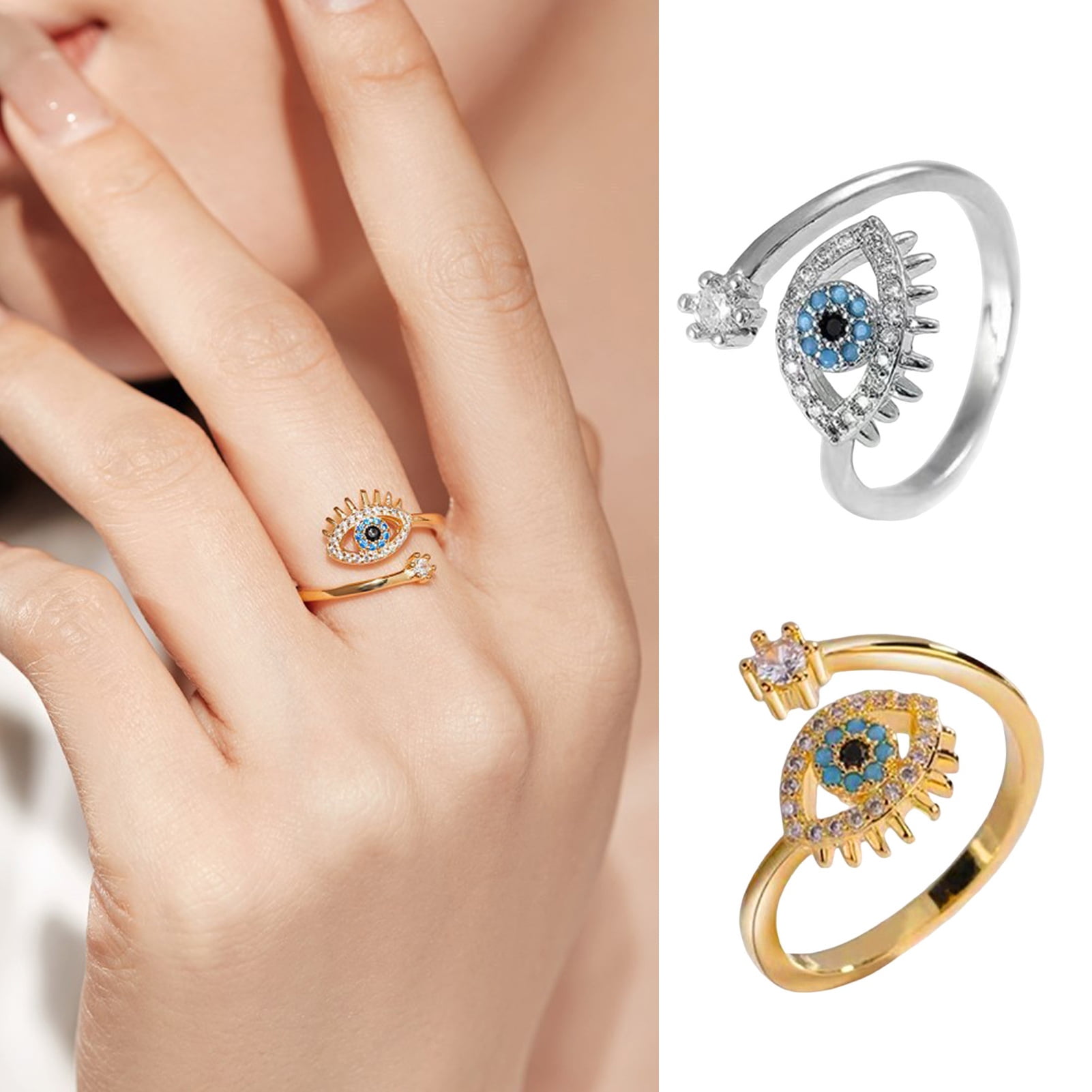 Eosunjian Women Open Ring Eye Shape Rhinestone Decor Adjustable Hollow ...