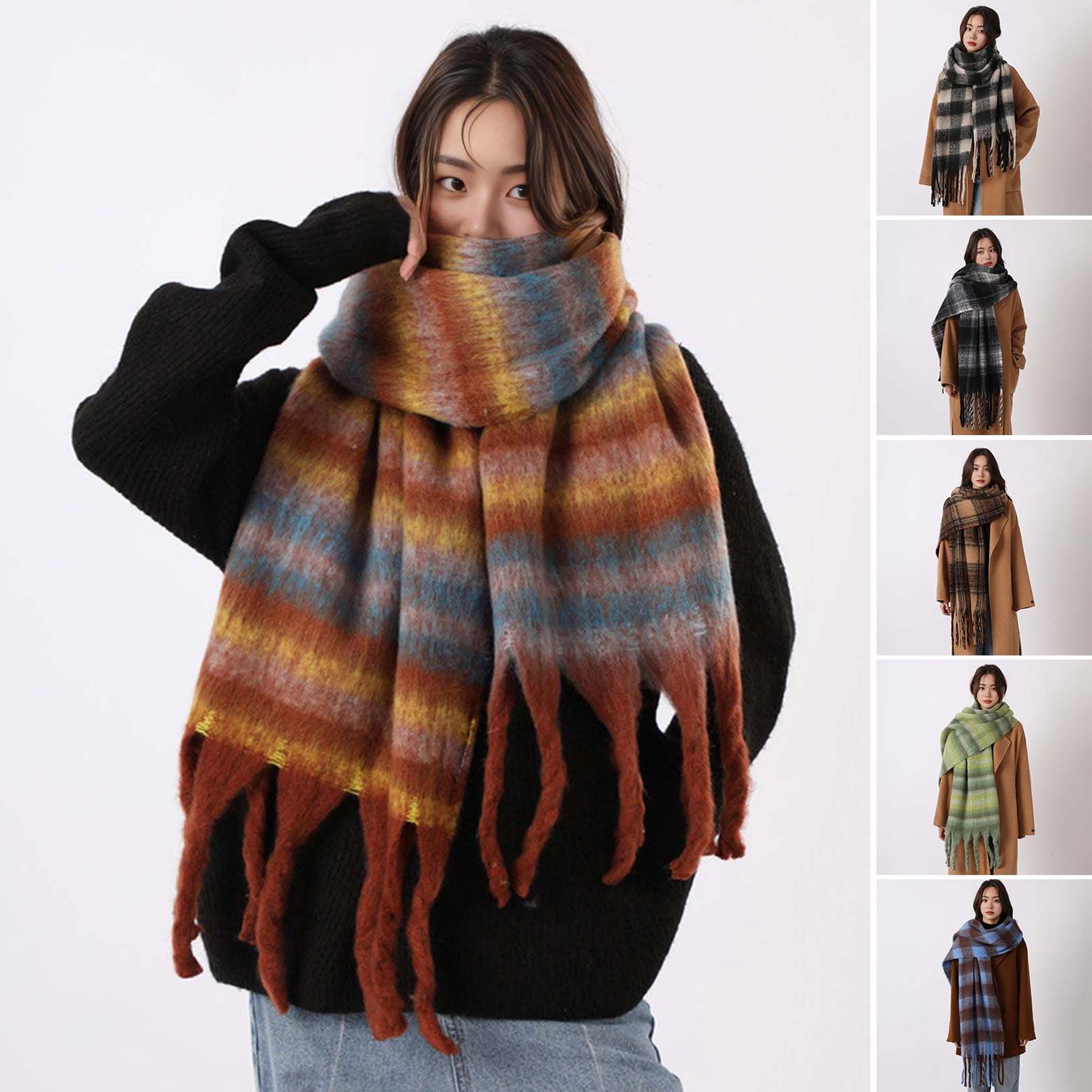 Eosunjian Women Plaid Scarf Chunky Oversized Winter Shawl Tassel Wrap ...