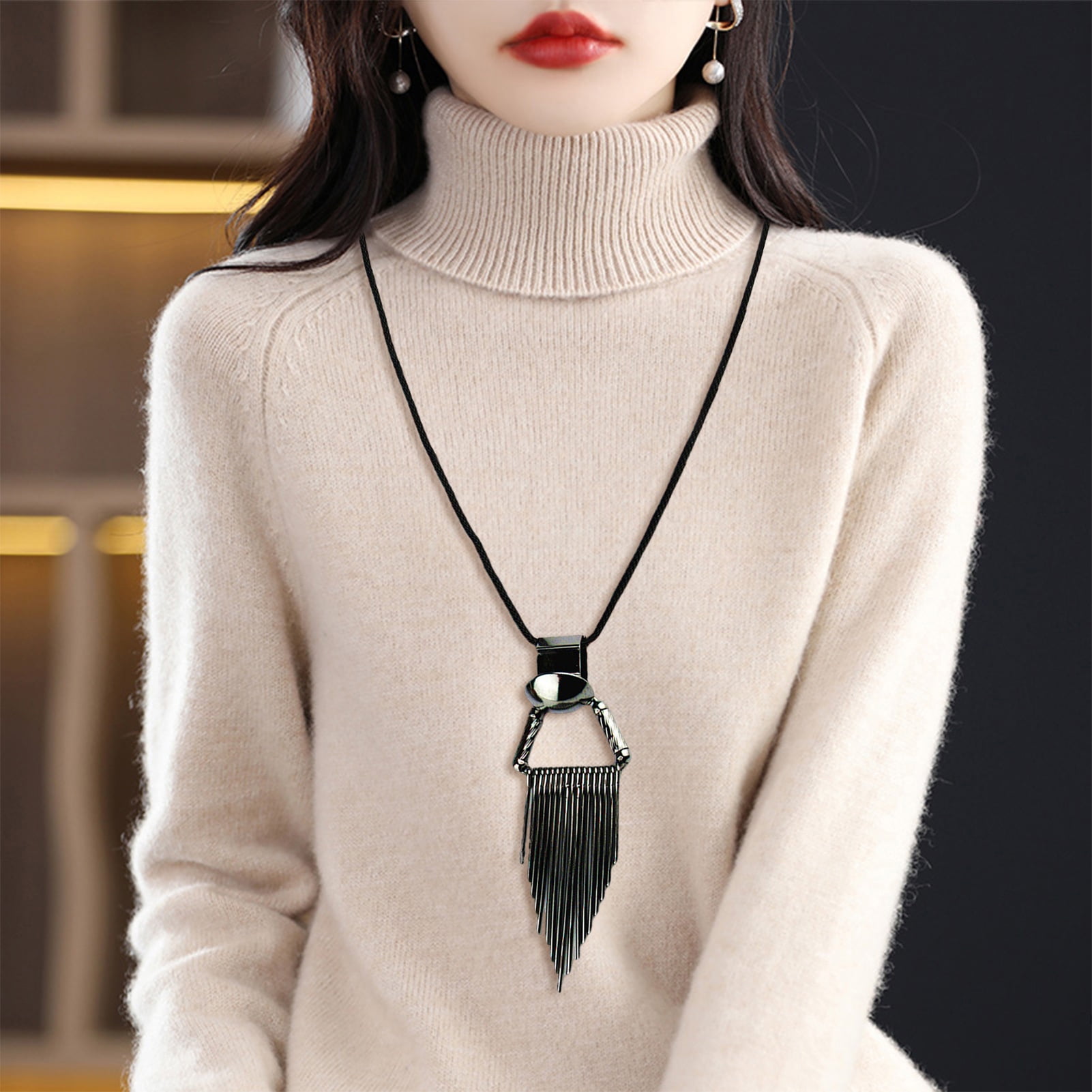 Eosunjian Women Sweater Chain Single-layer Alloy Red Bead Geometric Pendant Clothes Jewelry ...
