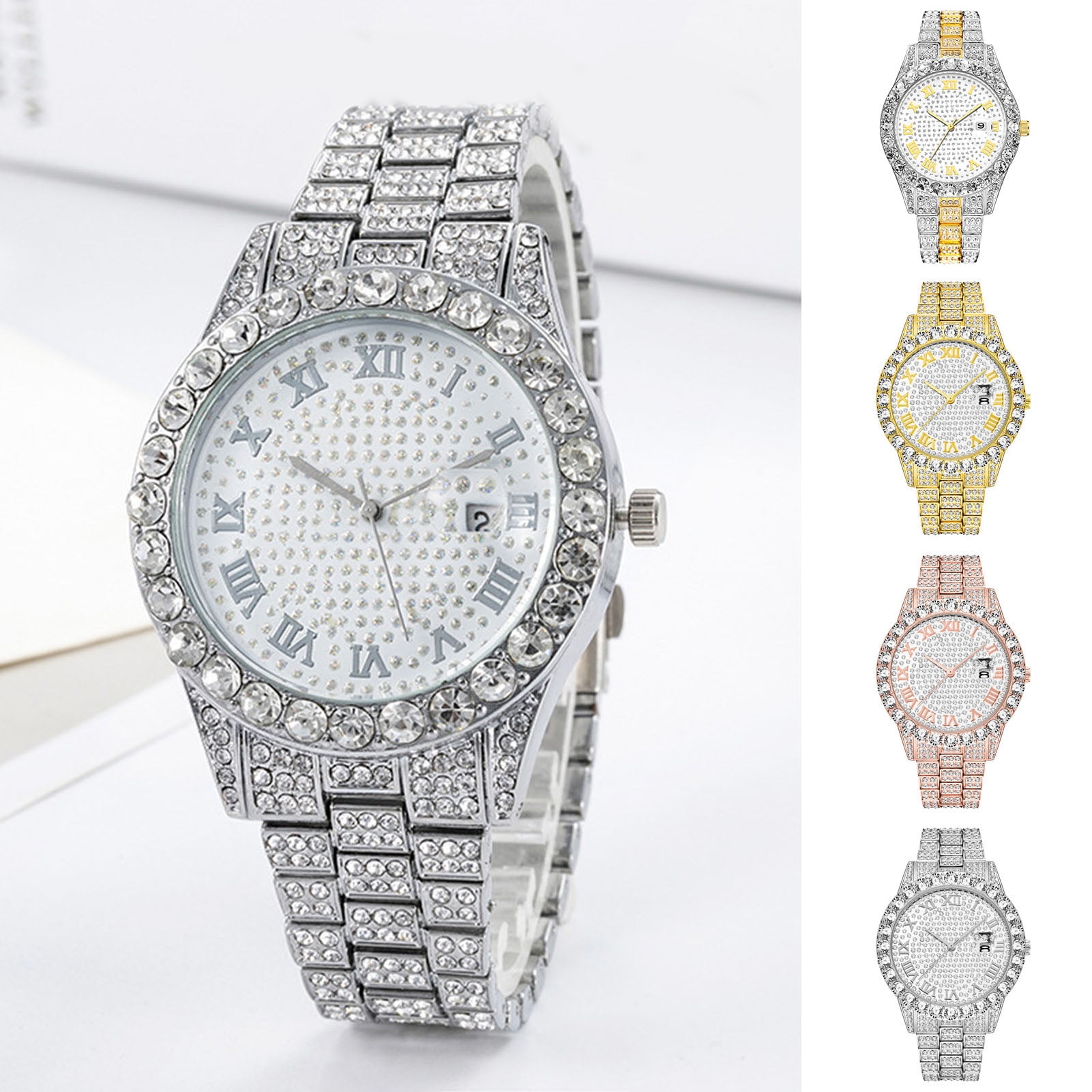 Eosunjian Women Watch Shiny Rhinestone Inlaid Stainless Round Dial ...