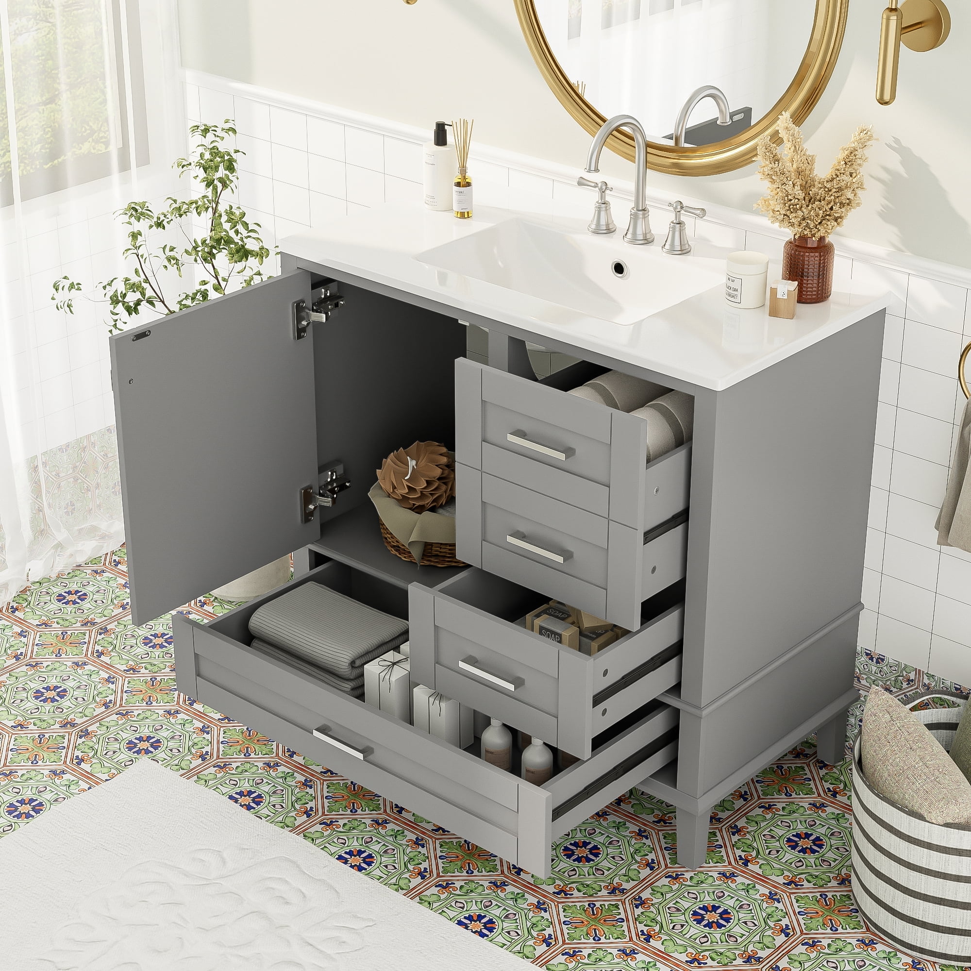 Eowynic 36-Inch Gray Bathroom Vanity with Ceramic Sink, Modern Storage ...