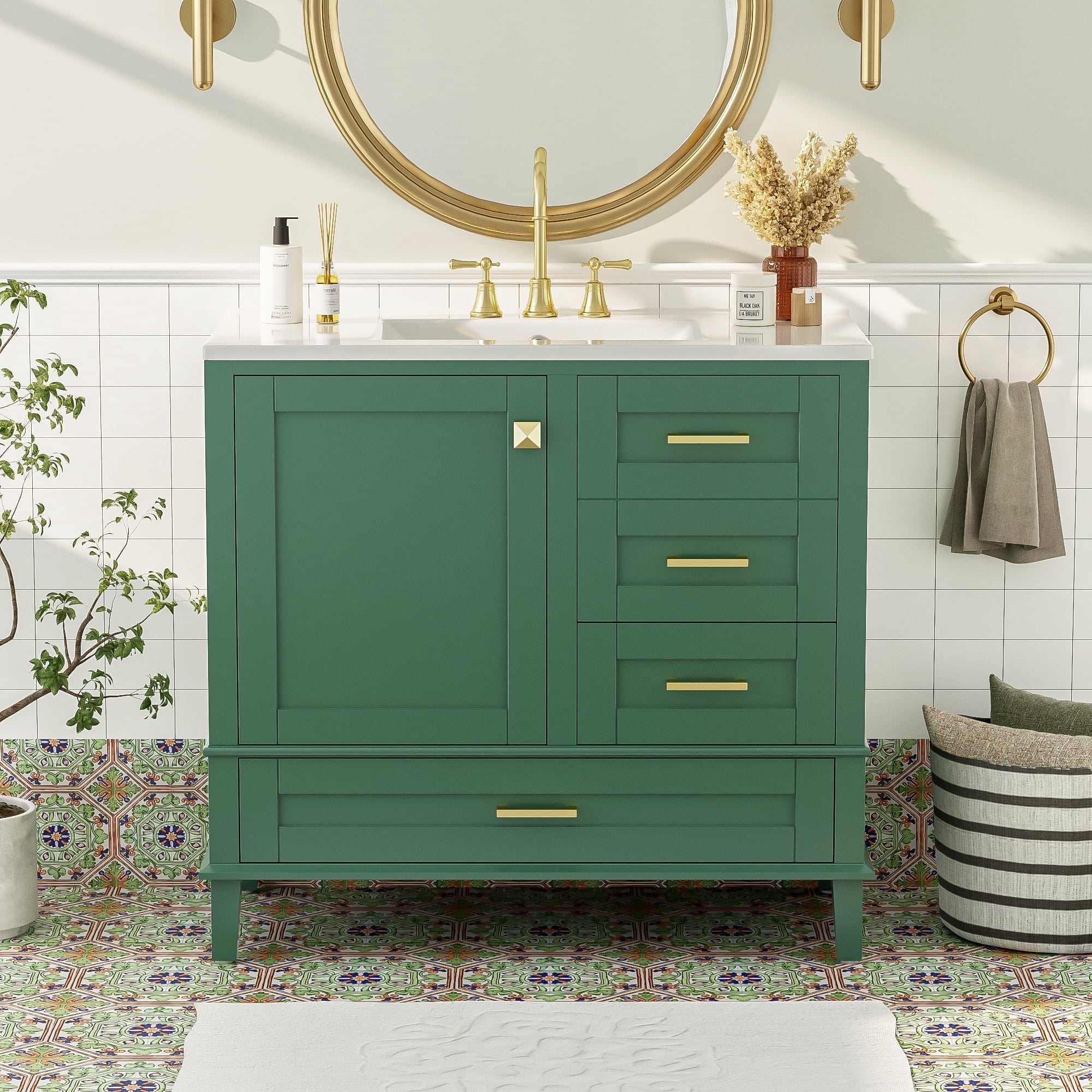 Eowynic 36 inch Modern Green Bathroom Vanity with Ceramic Sink and 3 ...