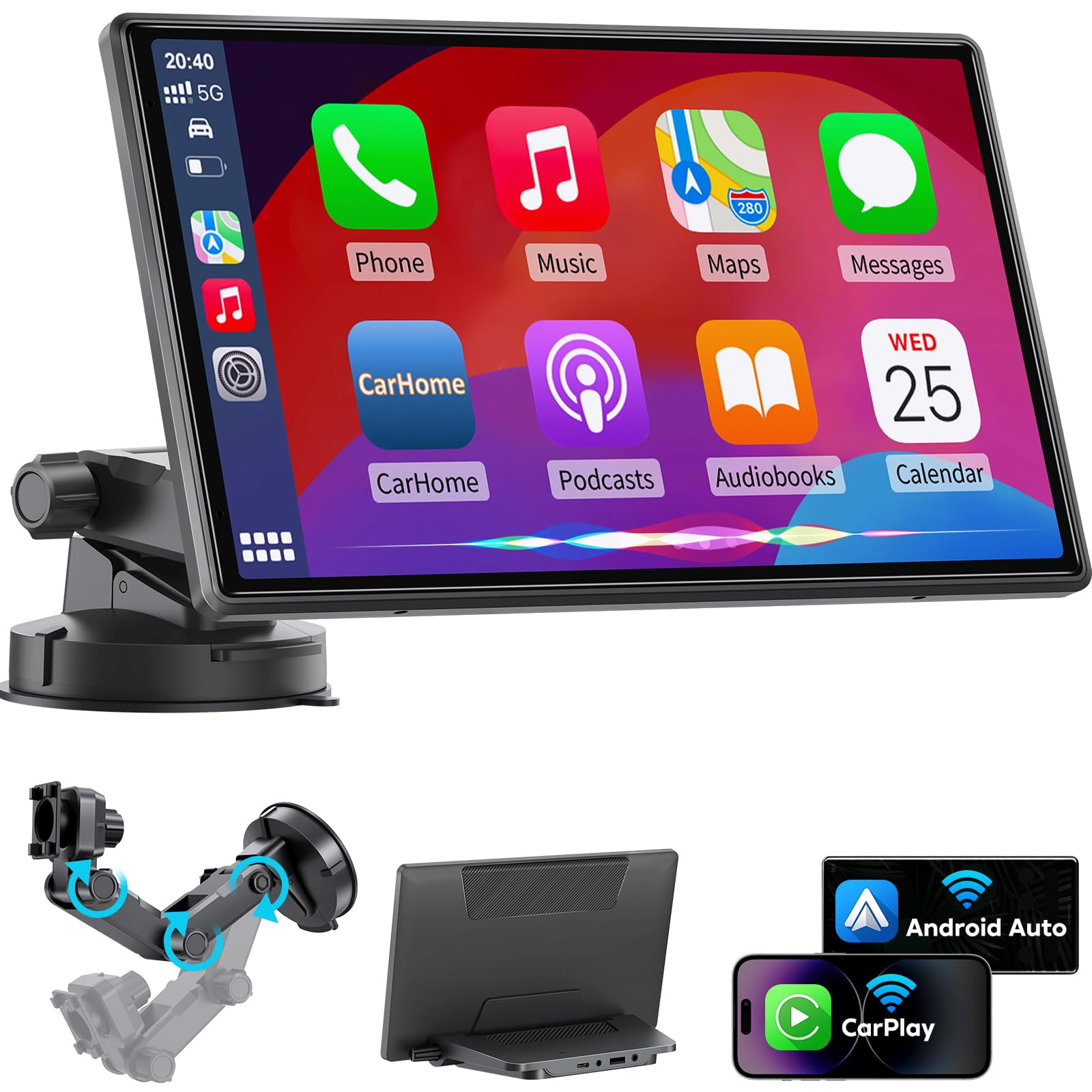 Eoyaa Wireless CarPlay Screen for Car - Portable Dash 9" HD IPS Screen ...