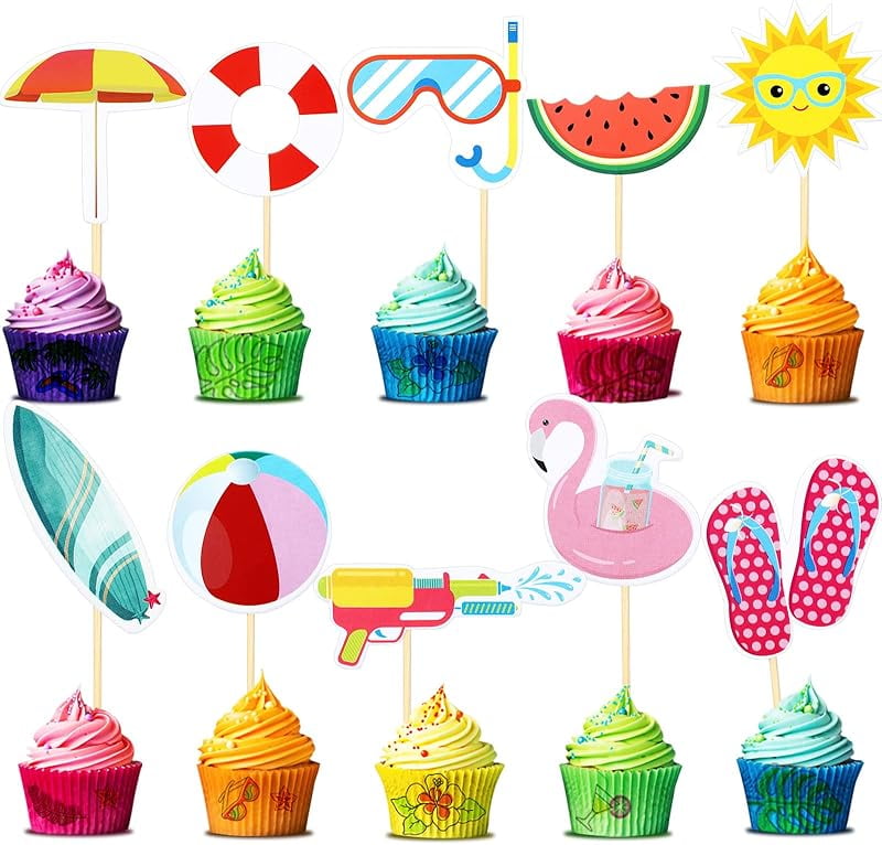 Epakh 100 Pcs Summer Beach Cupcake Toppers Pool Party Hawaiian Theme ...