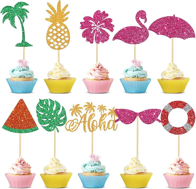 Epakh 100 Pcs Summer Beach Cupcake Toppers Pool Party Hawaiian Theme ...