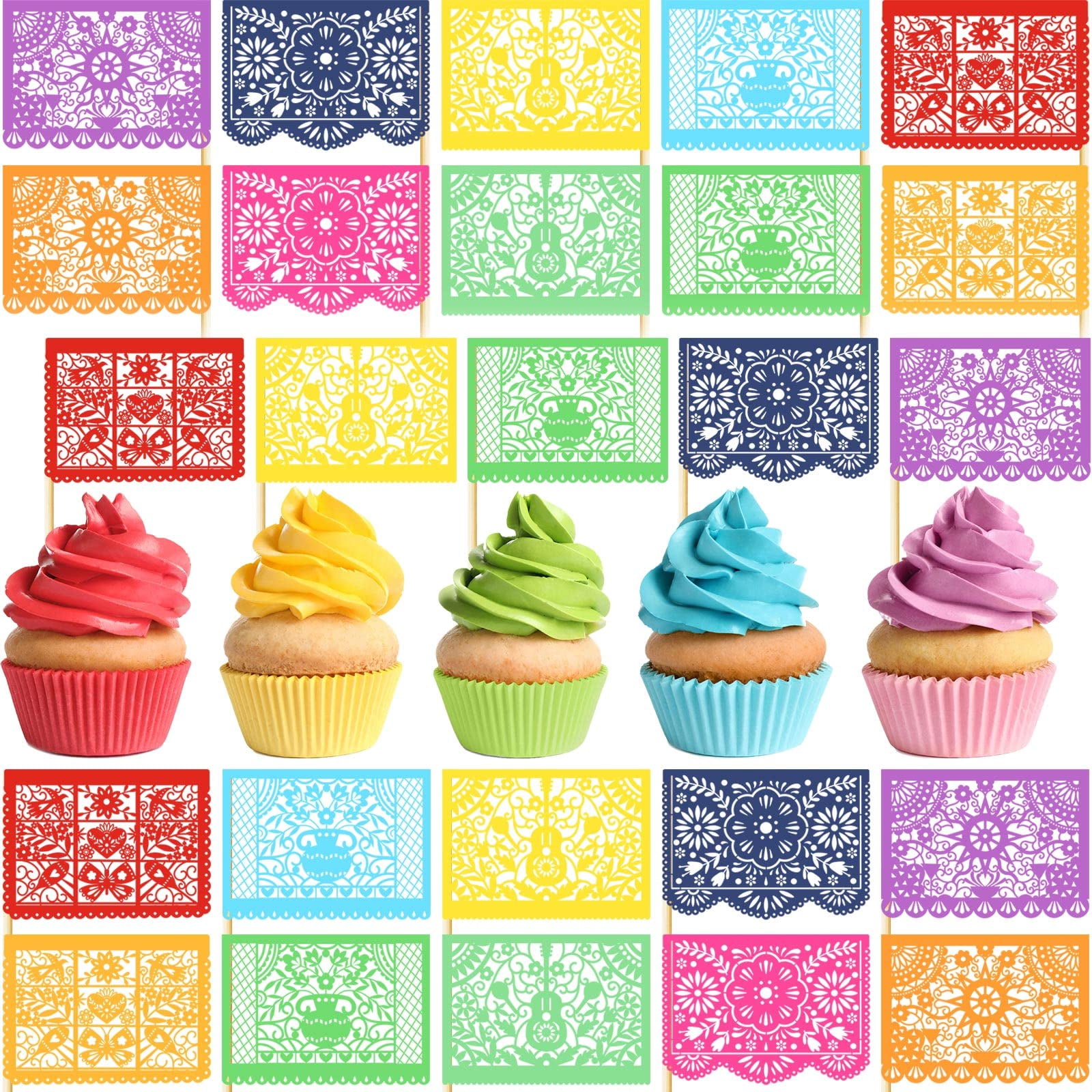 Epakh 60 Pcs Mini Mexican Papel COC1Picado Banner Cake Topper Mexican ...