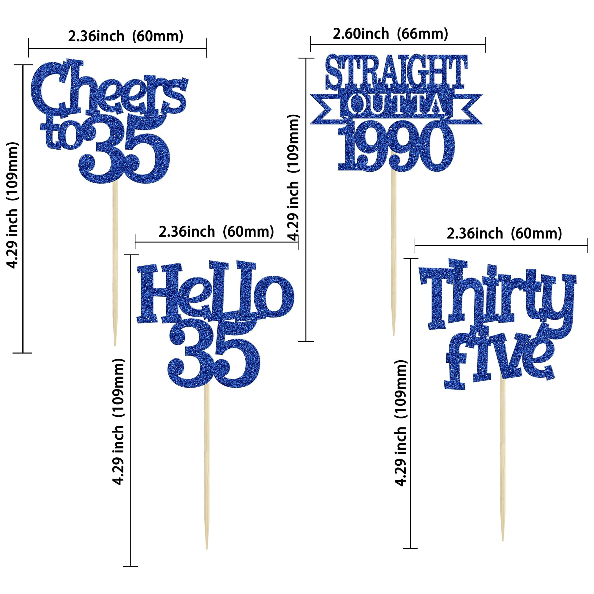 Ephlyn 24Pcs Happy AJH3 35th Birthday Cupcake Toppers Blue Thirty Five ...