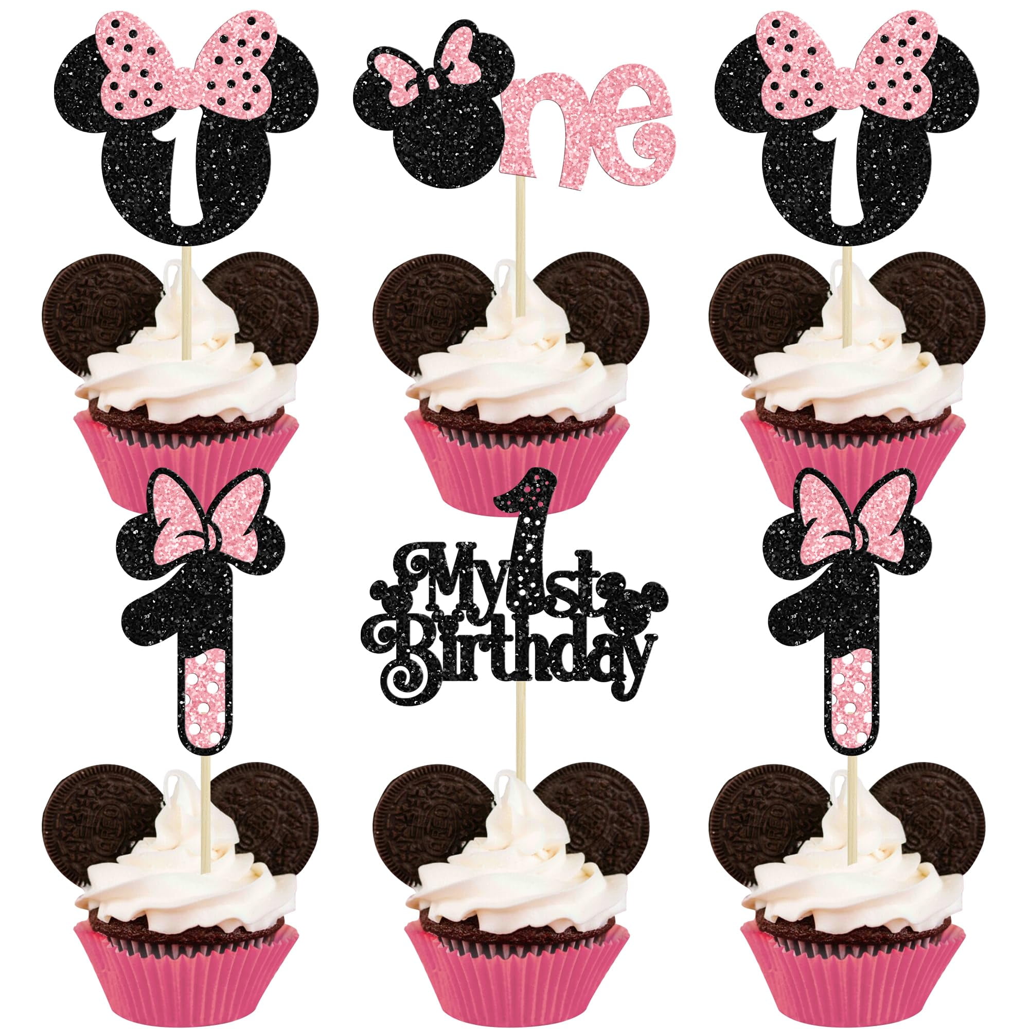 Ephlyn 24Pcs Mouse 1st Birthday Cupcake Toppers, KMC2Pink Bow Mini ...