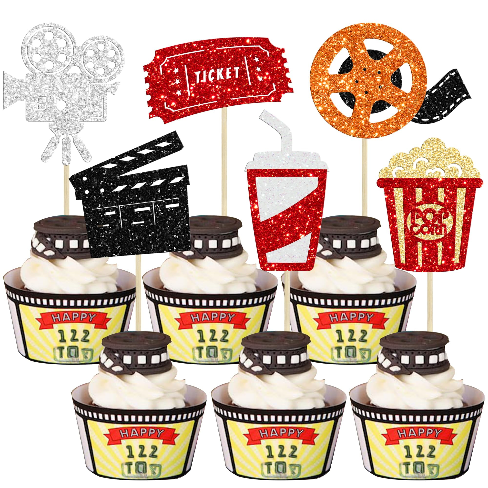 Ephlyn 24Pcs Movie Cupcake Toppers Glitter COC1Movie Night Roll Camera ...
