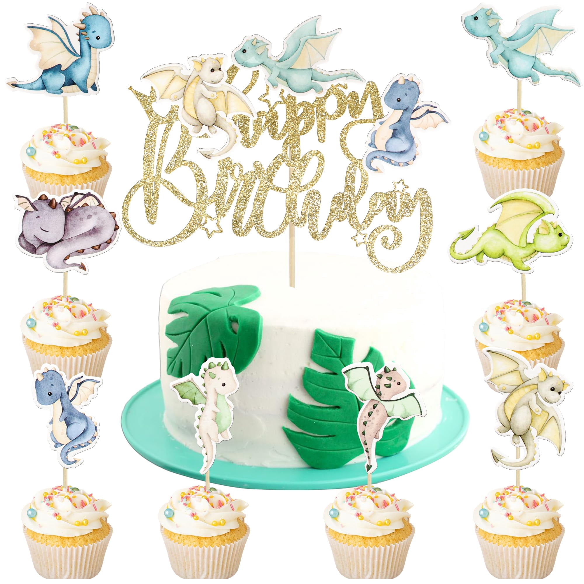 Ephlyn 37Pcs Dragon Party Cupcake Toppers Dragon KMC2Birthday Party ...