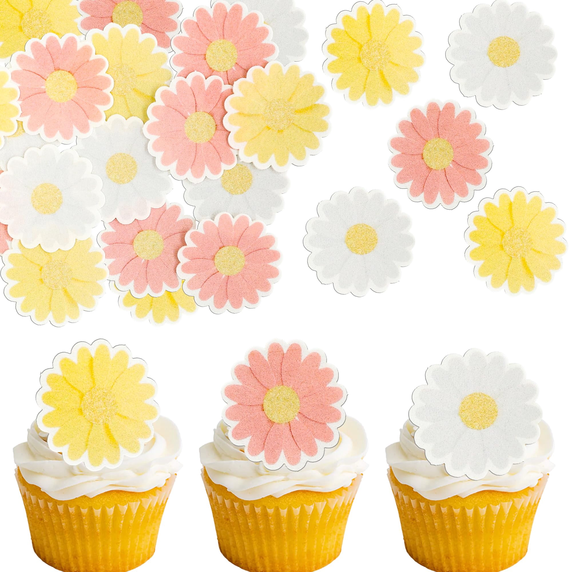 Ephlyn 48Pcs Edible TWE5 Daisy Cupcake Toppers Wafer Paper Flower Cake ...