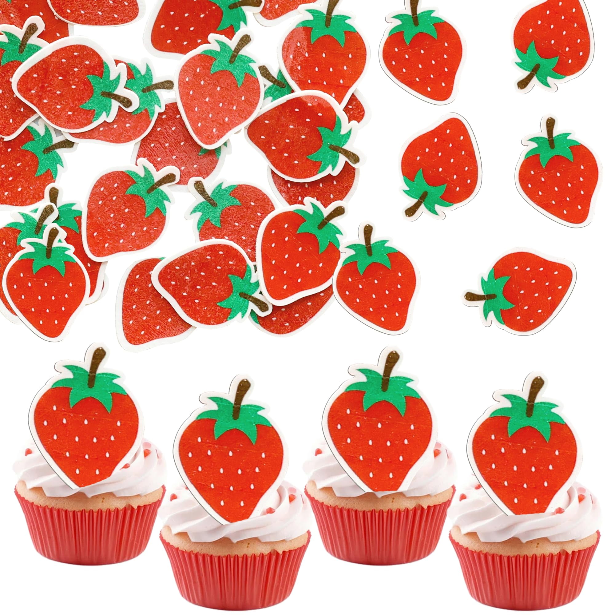 Ephlyn 50Pcs Edible FEV6 Strawberry Cupcake Toppers Wafer Paper Strawberry Birthday Cake ...