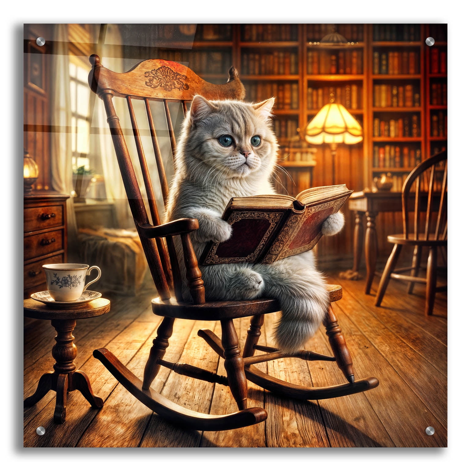 Epic Art 'Cat In Rocking Chair Reading' by Rey Klimt Acrylic Glass Wall ...