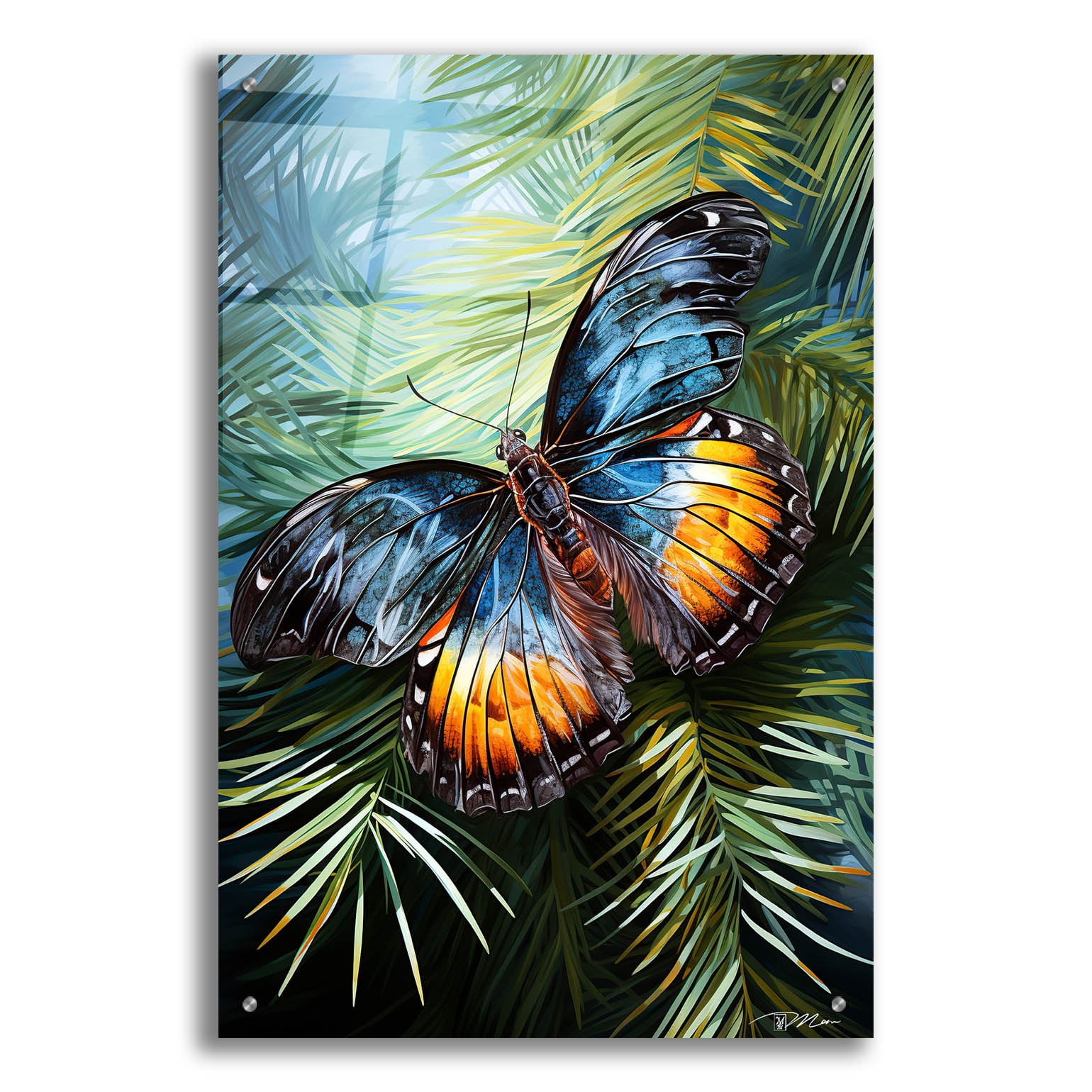 Epic Art 'Yellow Blue Butterfly Among Pines 2' by Momart Acrylic Glass ...