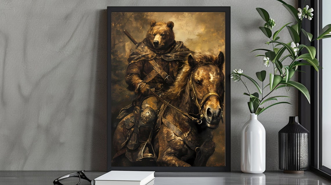 Epic Bear Warrior On Horseback, Medieval Animal Art Print, Rustic ...