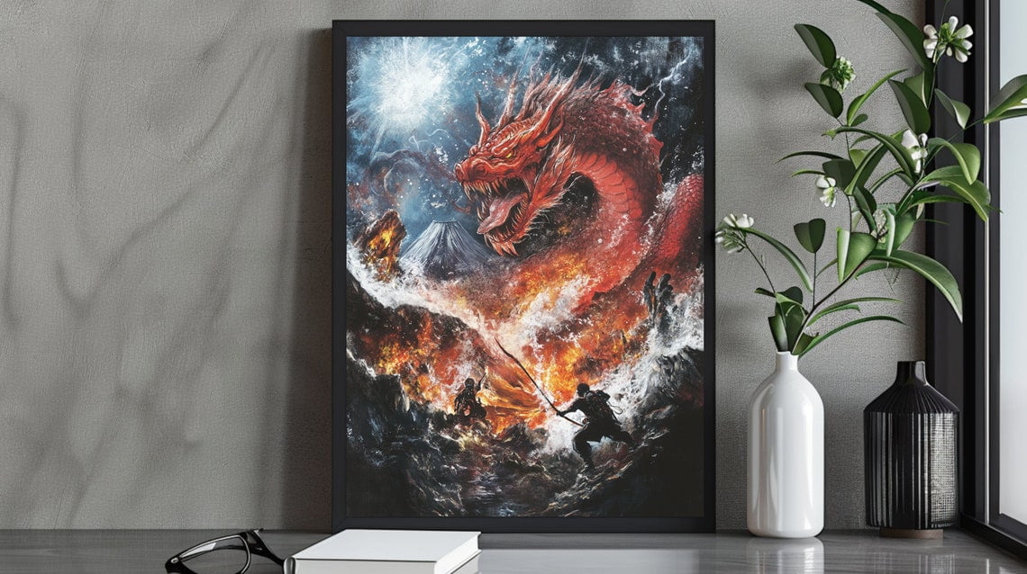 Epic Dragon Battle Art Print, Fiery Dragon Vs Samurai Warriors, Intense Fantasy Decor, Dynamic ...