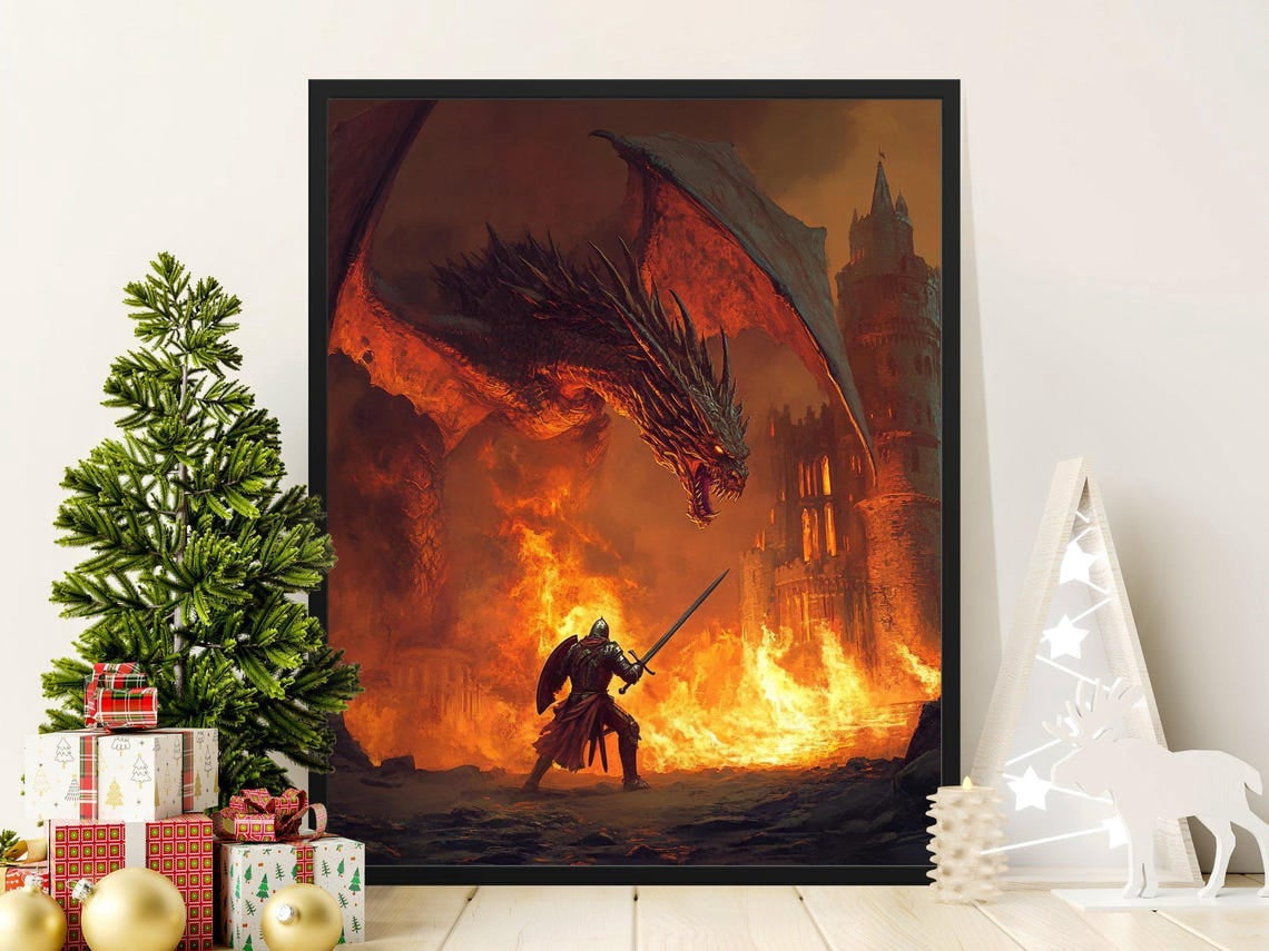 Epic Dragon Battle Poster, Knight Vs Dragon Art, Medieval Fantasy Wall ...