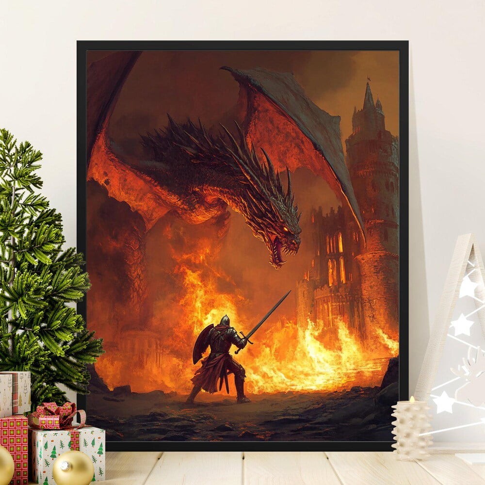 Epic Dragon Battle Poster, Knight Vs Dragon Art, Medieval Fantasy Wall ...