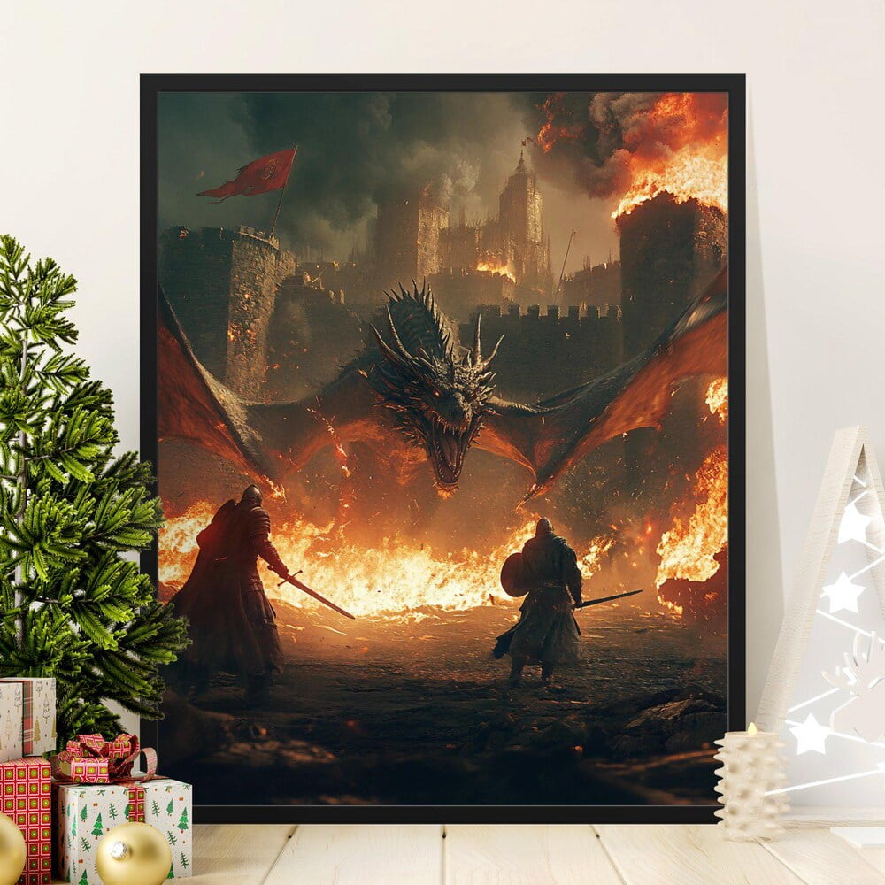 Epic Dragon Battle Poster, Knight vs Dragon Wall Art, Fantasy Castle ...