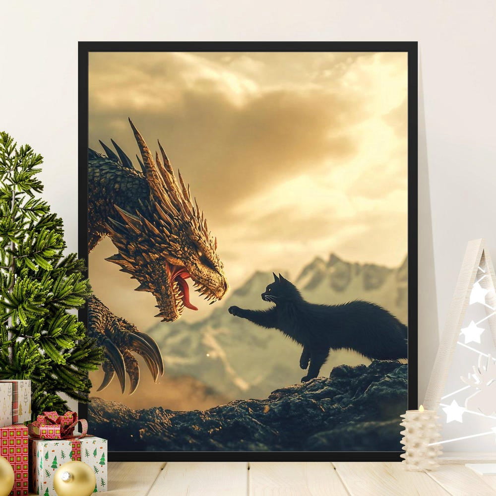 Epic Dragon Vs Cat Battle Poster, Fierce Dragon Art Print, Epic Fantasy ...