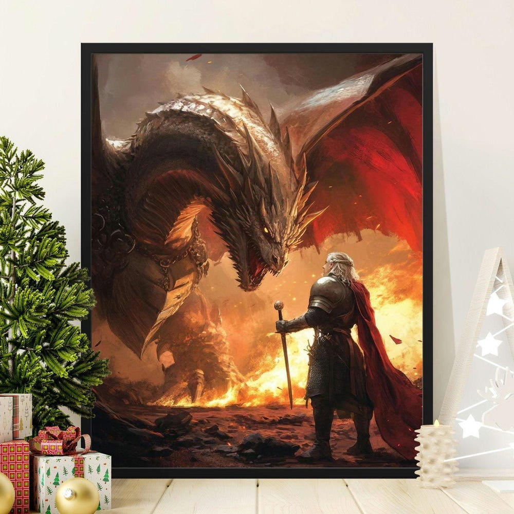Epic Fantasy Dragon Battle Poster, Knight Facing Fierce Dragon Art ...