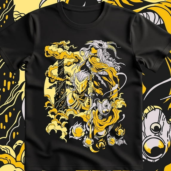 Epic Fantasy Warrior Graphic Tee Mythic Beast Battle Art Yellow Black ...