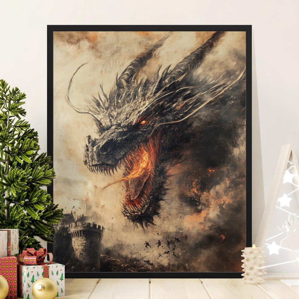 Epic Fire Breathing Dragon Poster, Fantasy Art Wall Print, Mythical ...
