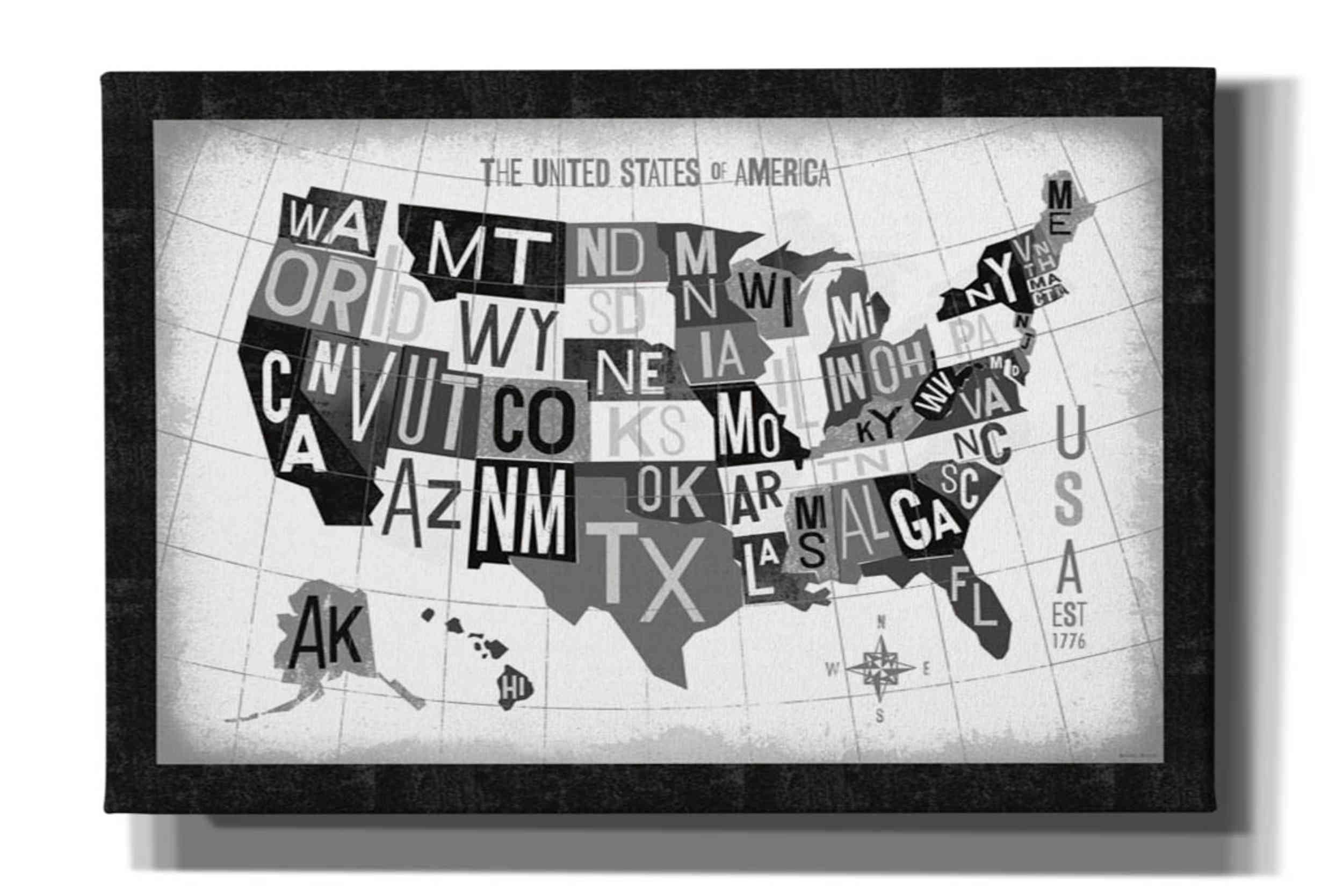 Epic Graffiti 'Letterpress USA Map Dark' by Michael Mullan, Canvas Wall ...