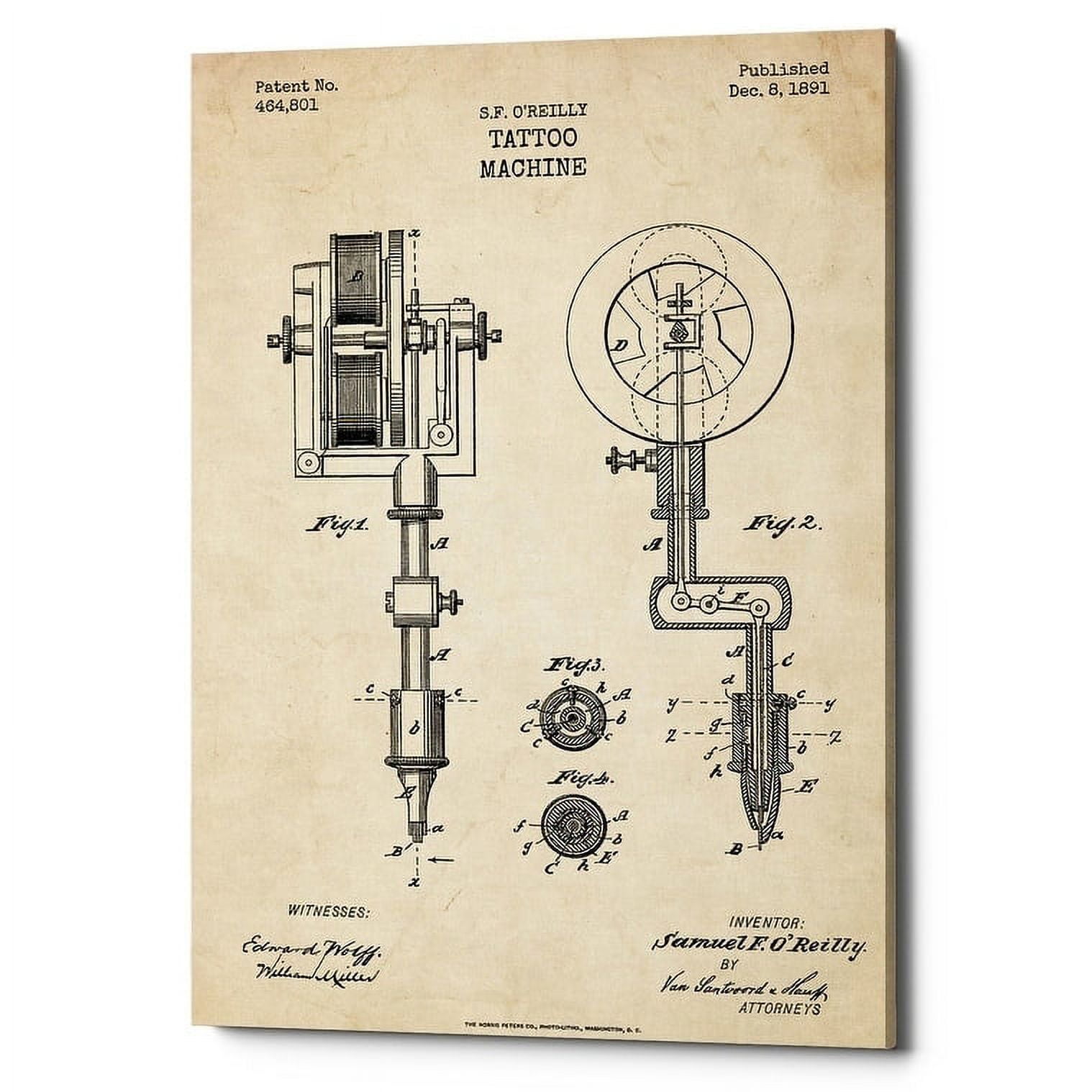 Epic Graffiti "Tattoo Machine Blueprint Patent Parchment" Giclee Canvas ...