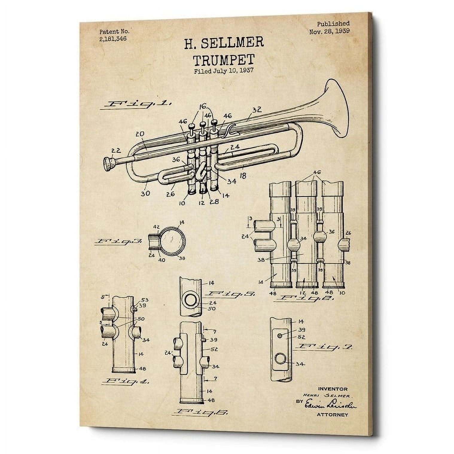 Epic Graffiti "Trumpet Blueprint Patent Parchment" Giclee Canvas Wall ...