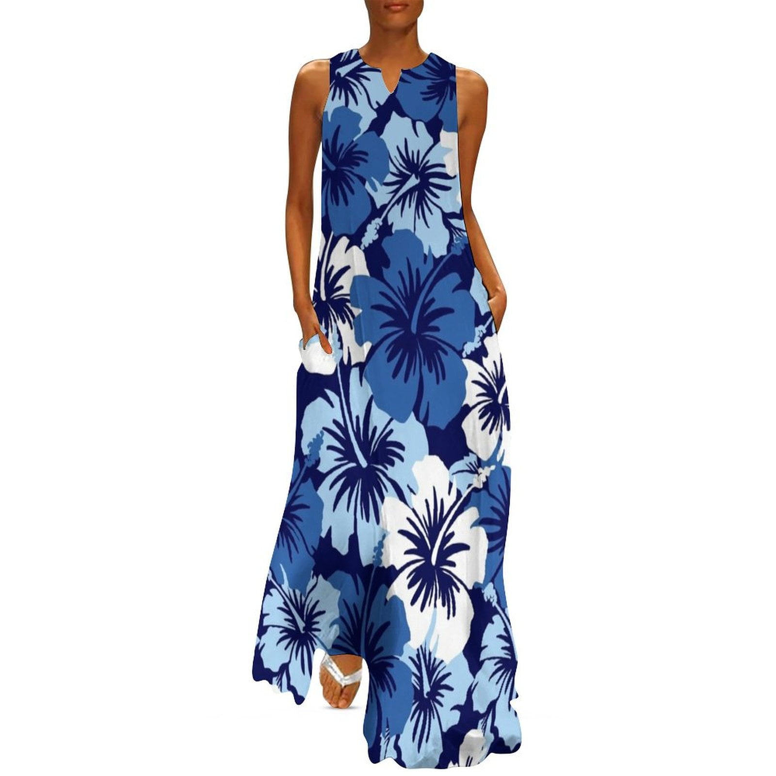 Epic Hibiscus Hawaiian Floral Aloha Shirt Print - Blue Long Dress ...