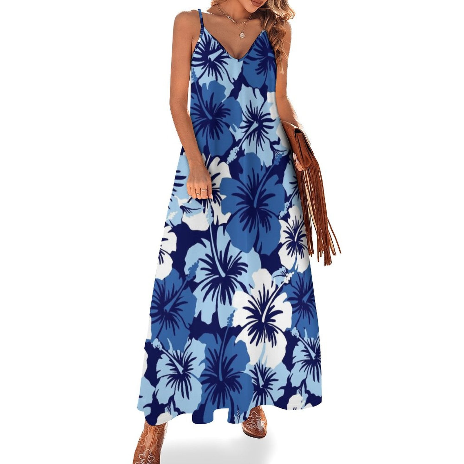 Epic Hibiscus Hawaiian Floral Aloha Shirt Print - Blue Sleeveless Dress ...