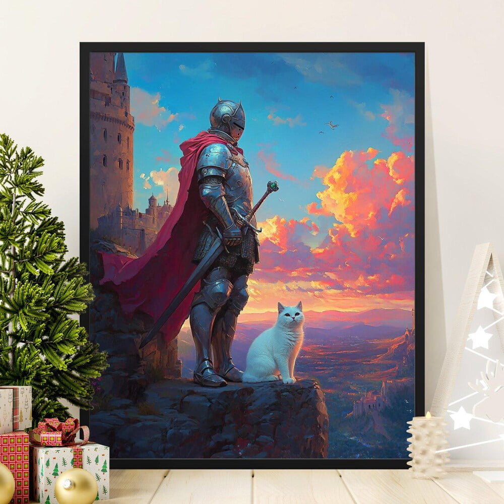Epic Knight And Cat Poster, Fantasy Art Print For Home Decor, Medieval ...